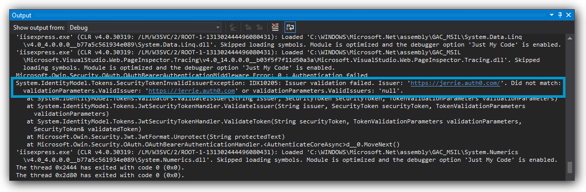 Auth0 ASP.NET Web API (OWIN) SDK Quickstarts: Troubleshooting